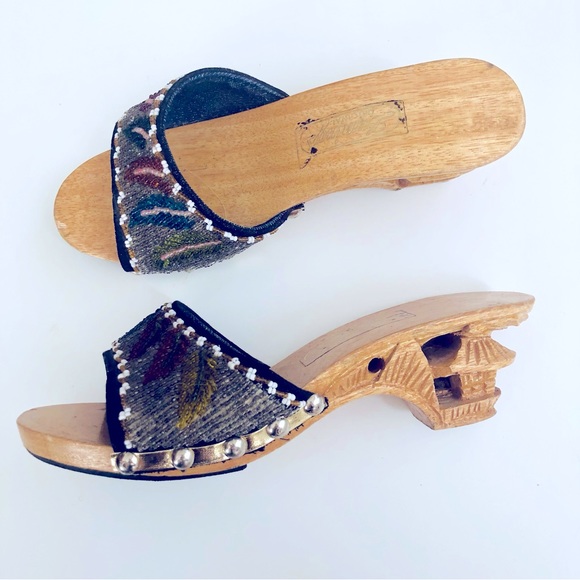 Vintage | Shoes | Vintage Beaded Carved Wood Heel Cutout Sandals Bakya ...